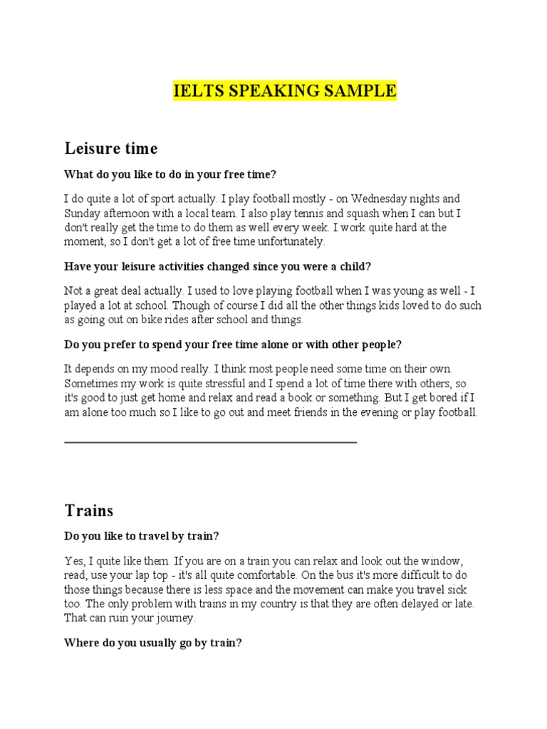 Ielts Speaking Sample | PDF | Leisure | Swimming