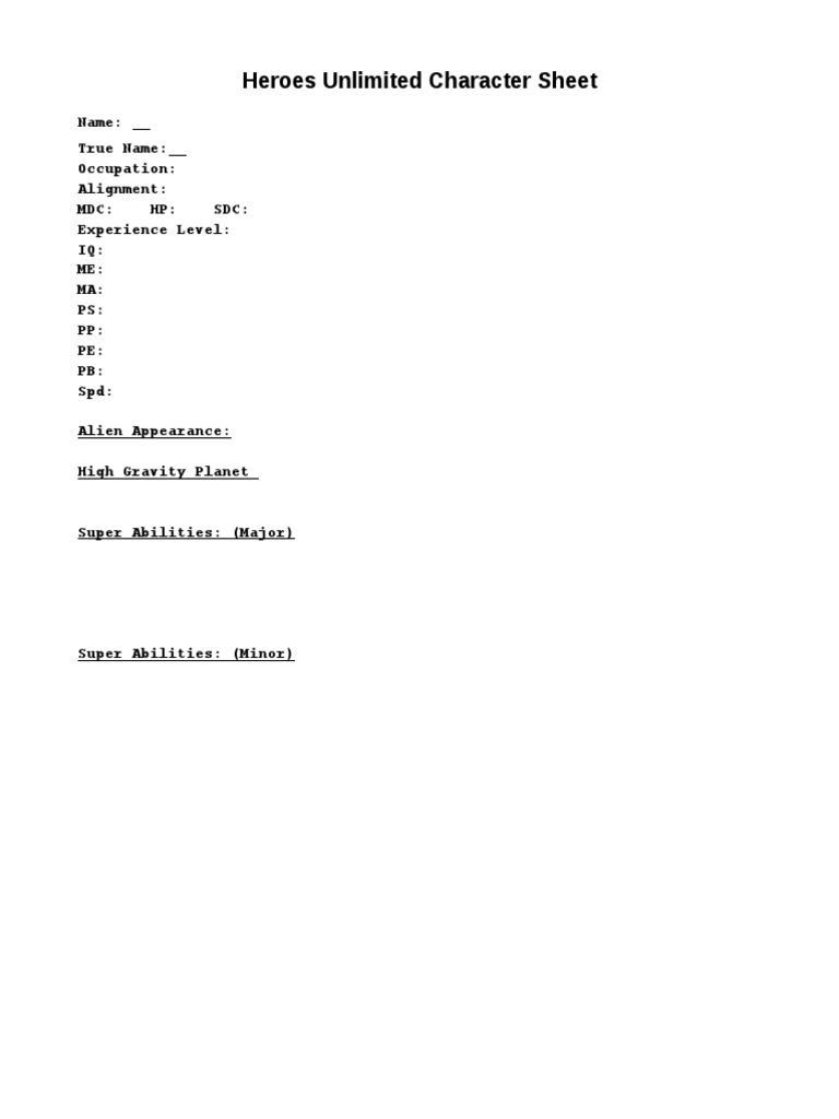 Alien Heroes Unlimited Character Sheet | PDF