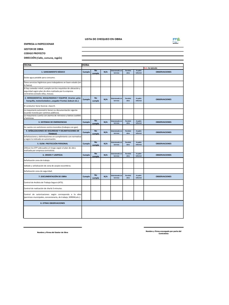 Lista de Chequeo en Obra | PDF