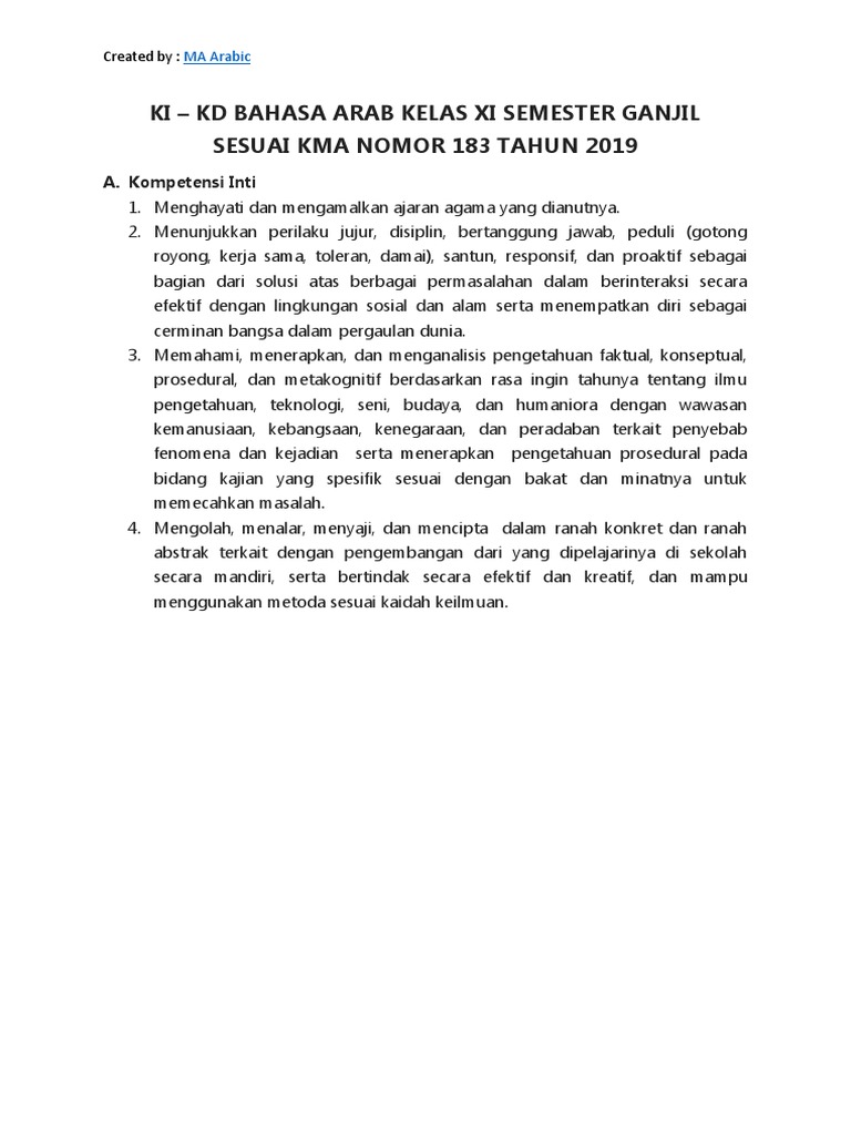 Ki-Kd Bahasa Arab Kelas Xi Semester Ganjil | PDF | Ilmu Sosial | Seni & Disiplin Bahasa