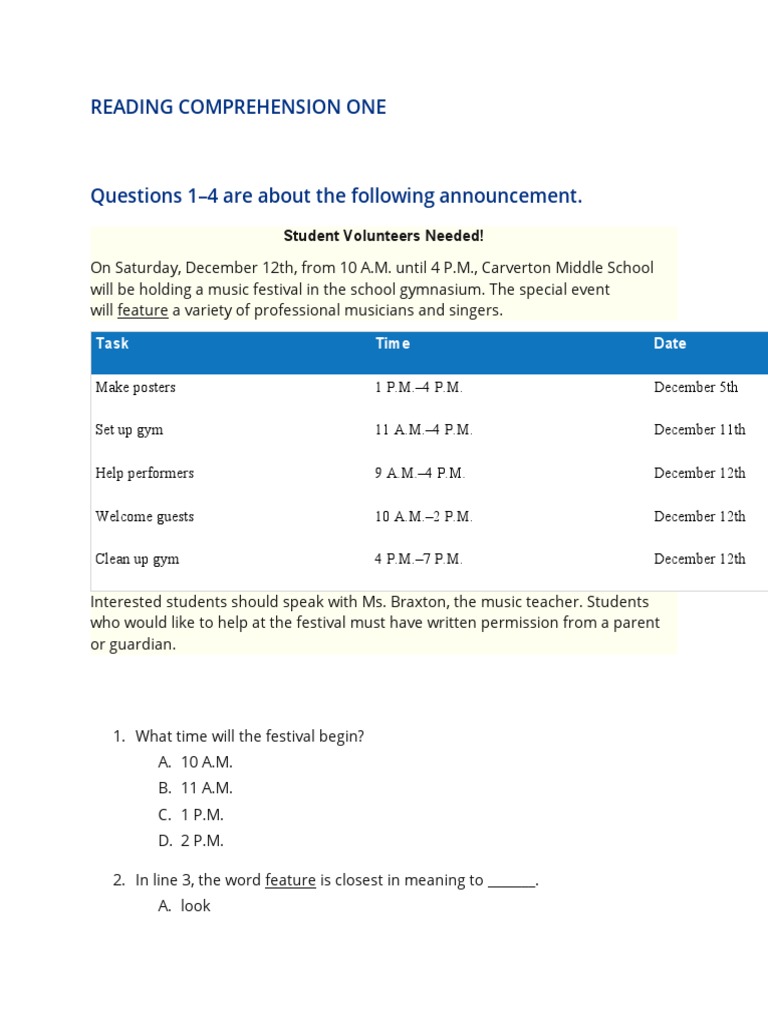 Reading Comprehension One: Task Time Date | PDF