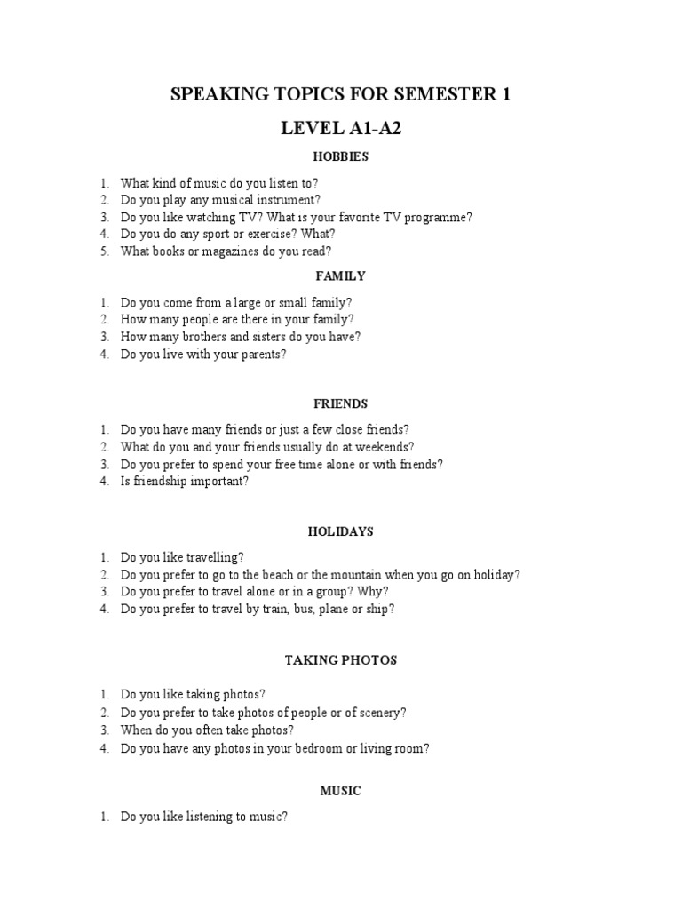 A1-A2 Speaking Topics For Semester 1 | PDF | Transport