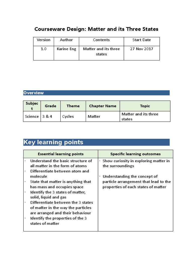 Key Learning Points: Courseware Design: Matter and Its Three States ...