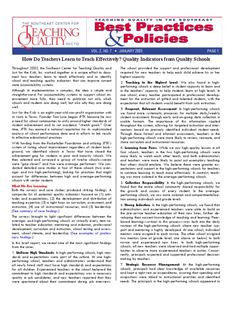 How Teachers Learn to Teach Effectively: A Comparison of Quality Indicators in High and Average ...