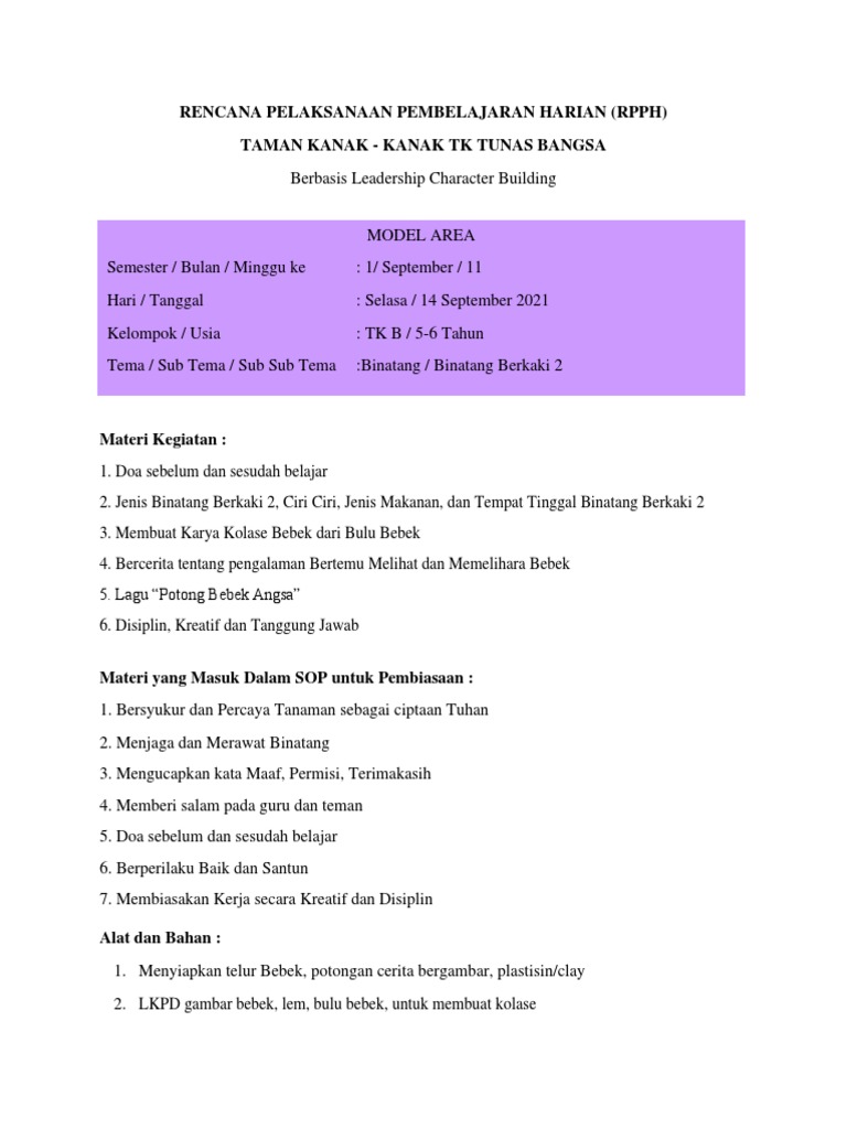 RPPH Tema Binatang untuk TK B | PDF | Karier & Perkembangan | Kesehatan ...