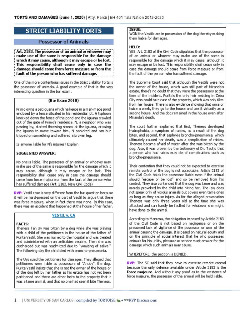 Strict Liability Torts: Possessor of Animals | PDF | Negligence ...