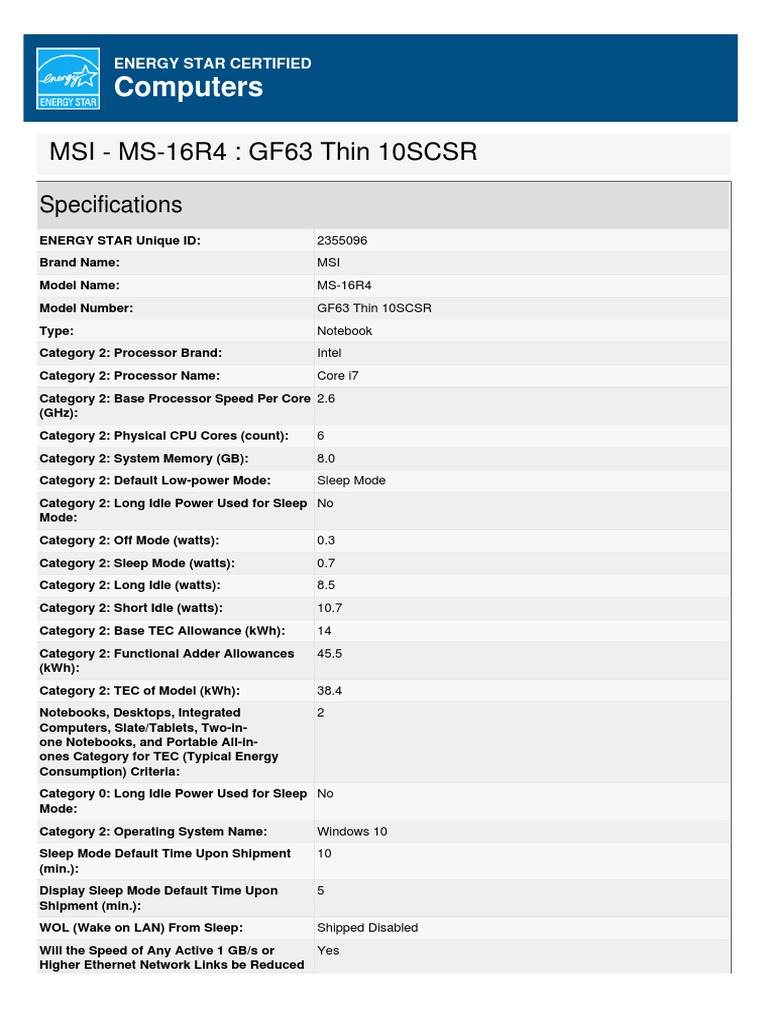 Computers: MSI - MS-16R4: GF63 Thin 10SCSR | PDF | Computers