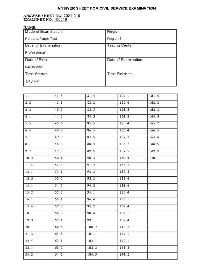 Civil Service Exam Answer Sheet Sample | PDF