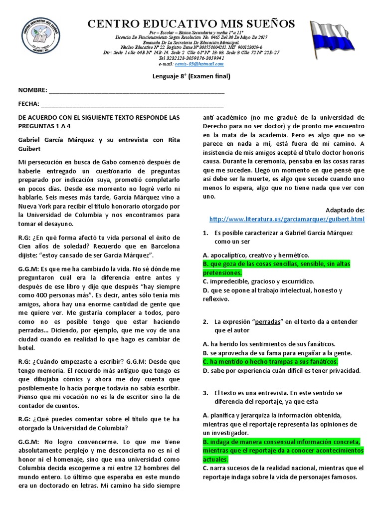 Examen Final. Lenguaje 8°. | PDF | Gabriel García Márquez | Gatos