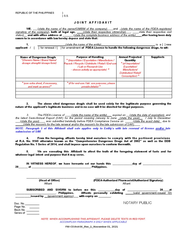PDEA Joint Affidavit Template | PDF | Affidavit | Common Law