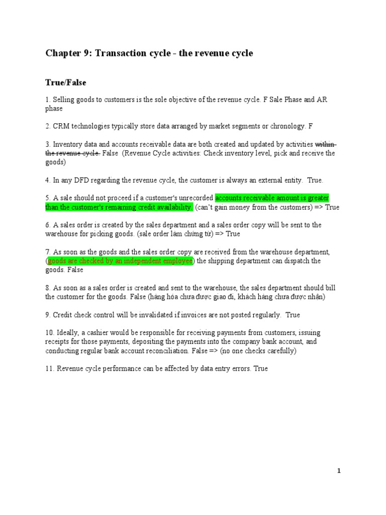 Chapter 9: Transaction Cycle - The Revenue Cycle: True/False | Download ...