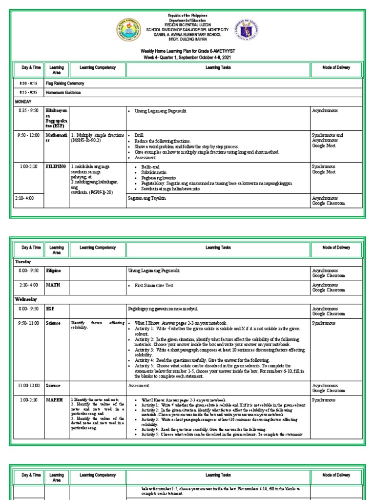 Weekly Home Learning Plan For Grade 6-AMETHYST Week 4-Quarter 1 ...