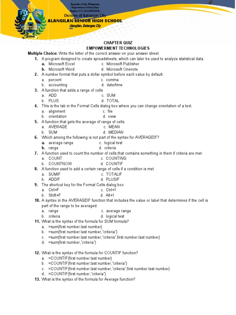 Excel Chapter Quiz | PDF | Microsoft Excel | Software