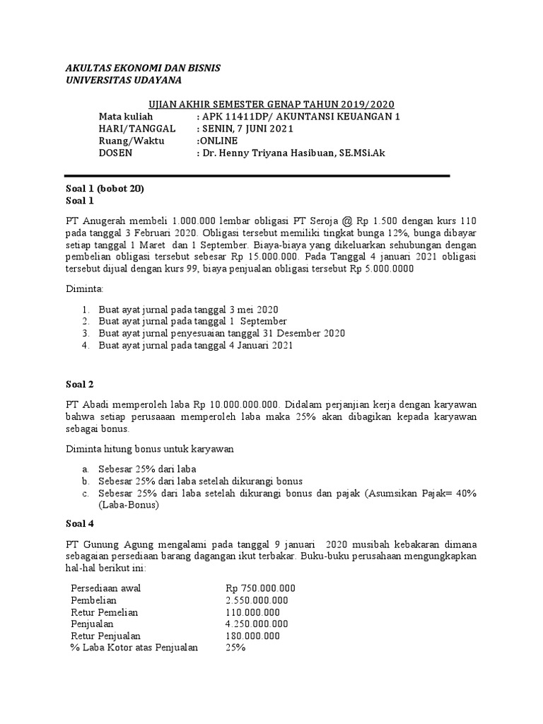 Soal Uts Akuntansi Keuangan 1 Bu Henny | PDF
