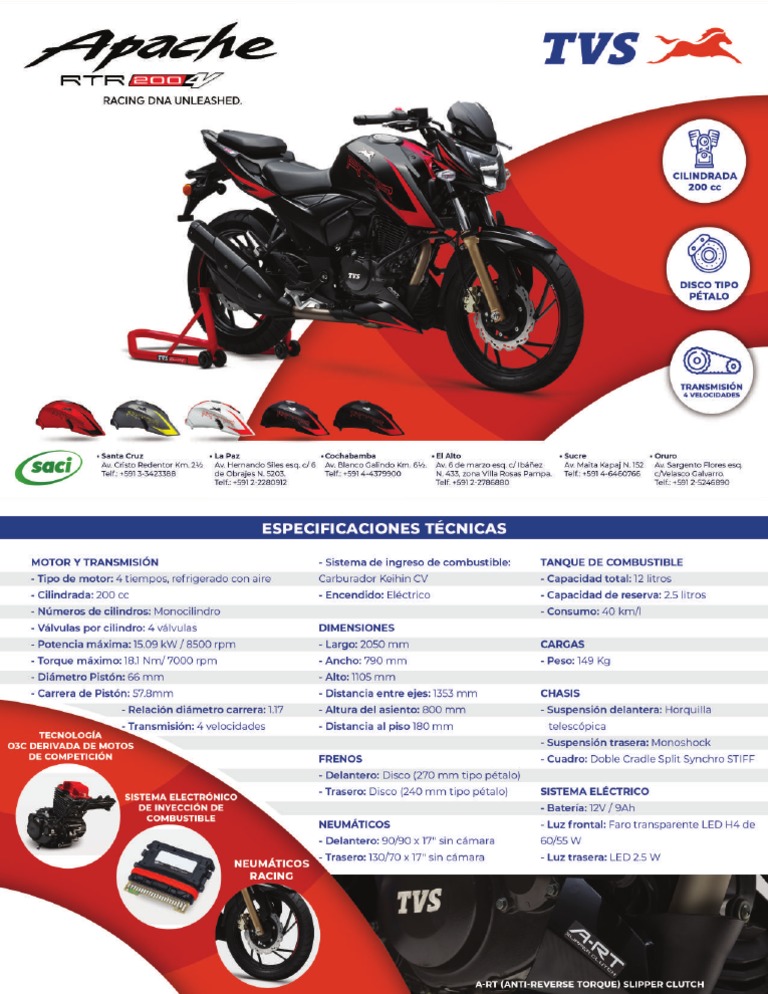 Moto Apache RTR 200 4v Tvs Bolivia Ficha Tecnica 2021 | PDF