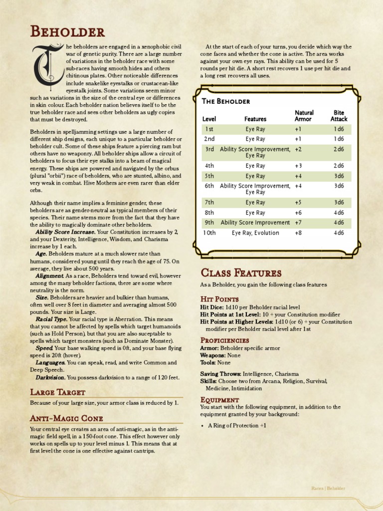 Beholder: Class Features | PDF | Dungeons & Dragons | Fantasy Role ...