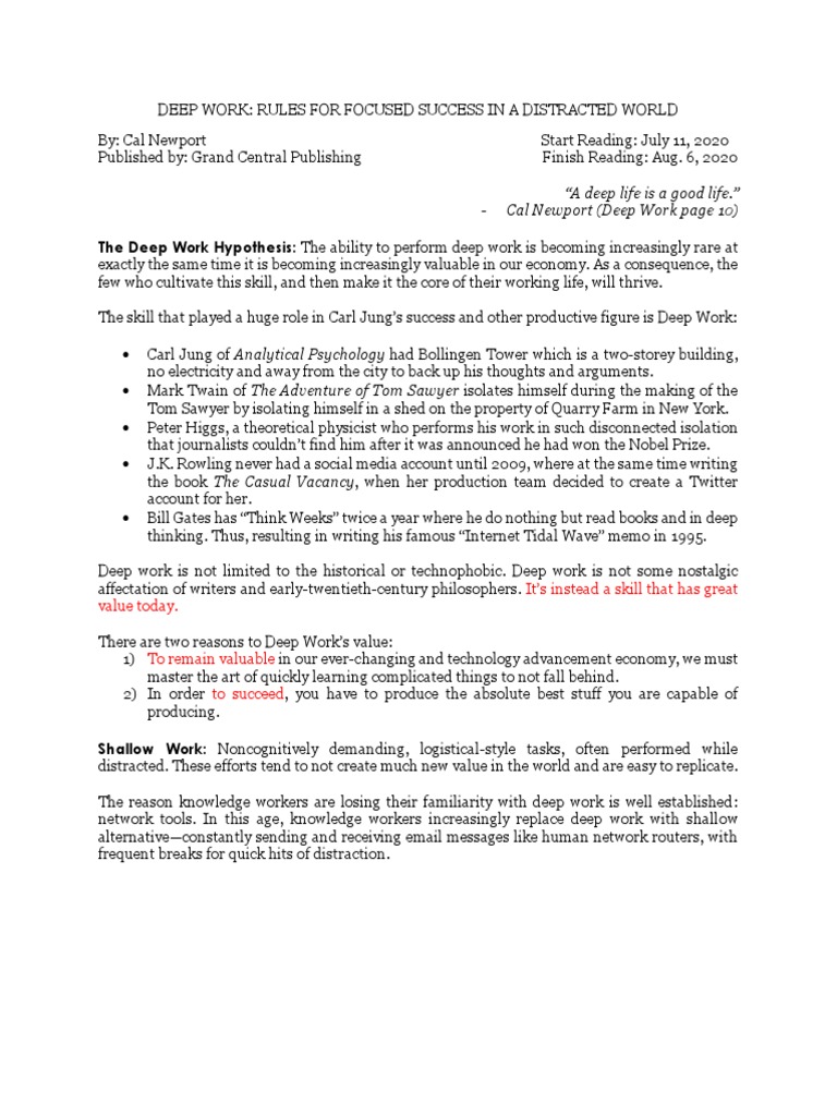Deep Work Notes | PDF | Attention | Popular Culture & Media Studies