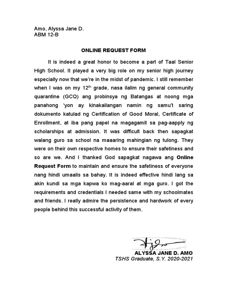 AMO, ALYSSA JANE D. (Online Request Form Testimony) | PDF