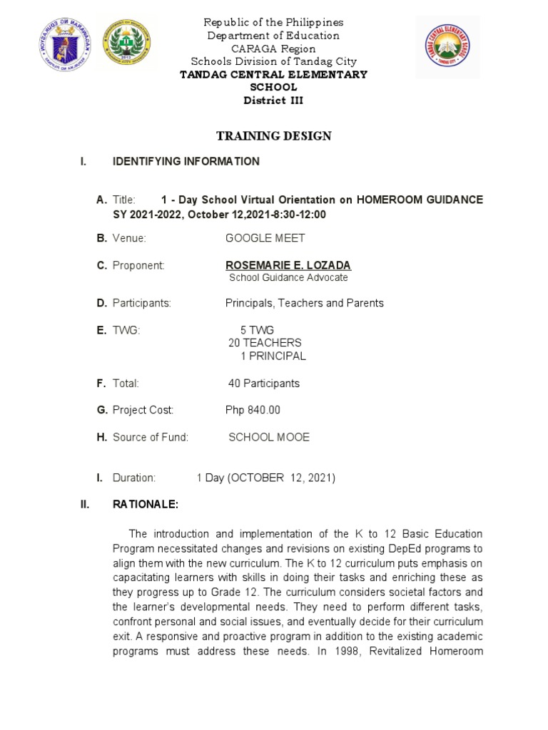 Training Design: Tandag Central Elementary School District III | PDF ...