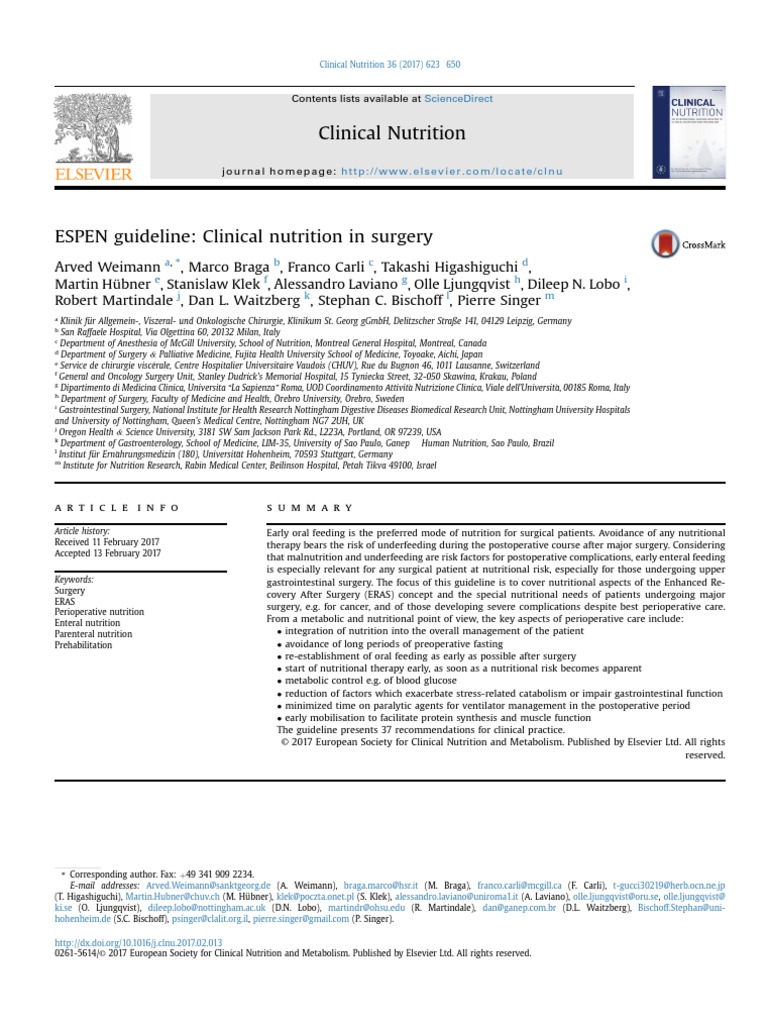 ESPEN Guideline Clinical Nutrition in Surgery | PDF | Surgery | Weight Loss