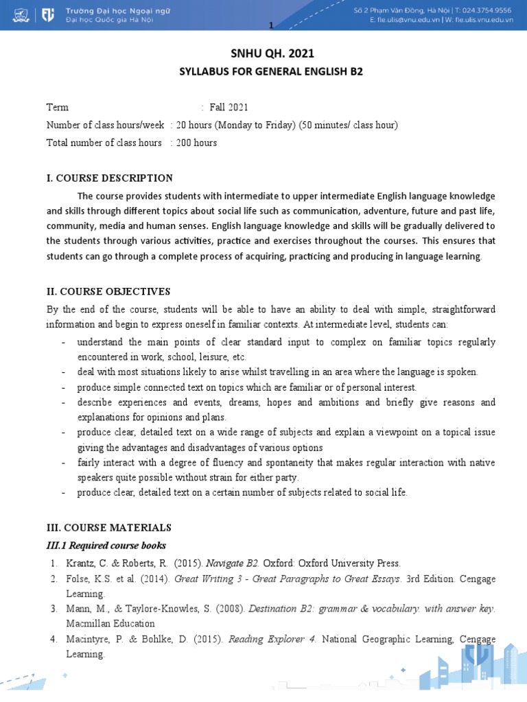 Syllabus For General English B2: SNHU QH. 2021 | PDF | English As A ...
