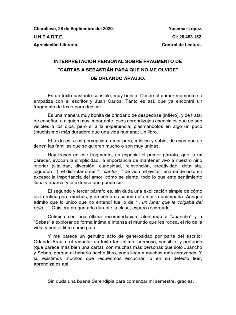 Cartas A Sebastián para Que No Me Olvide Interpretación Personal | PDF