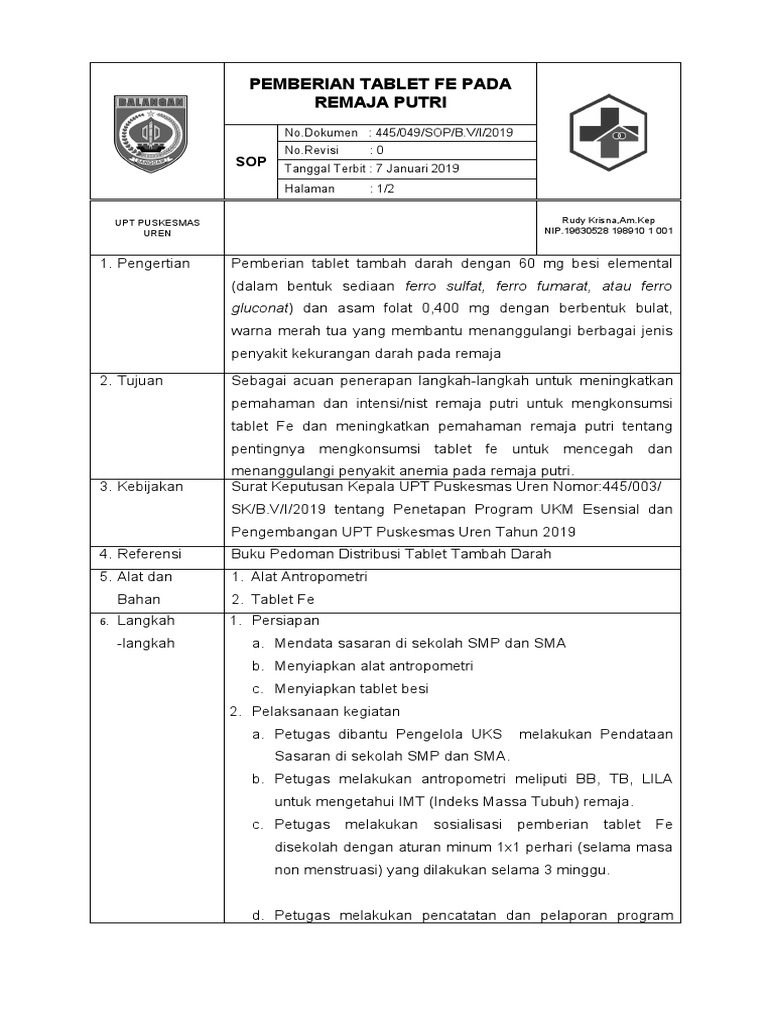 Sop Pembagian Tablet Fe Remaja Putri | PDF