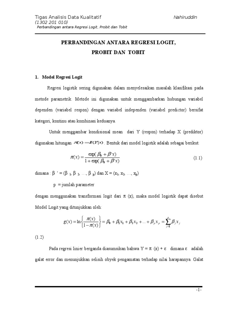 Toaz - Info Perbandingan Antara Regresi Logit Probit Dan Tobit PR | PDF