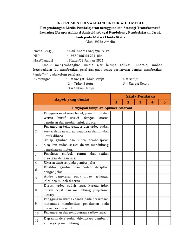 Instrumen Uji Validasi Untuk Ahli Media | PDF