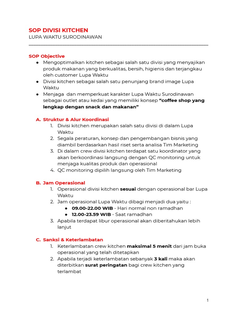 SOP Kitchen | PDF
