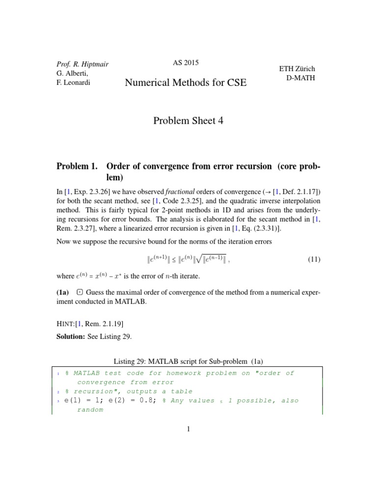Numerical Methods For CSE Problem Sheet 4: Problem 1. Order of Convergence From Error Recursion ...