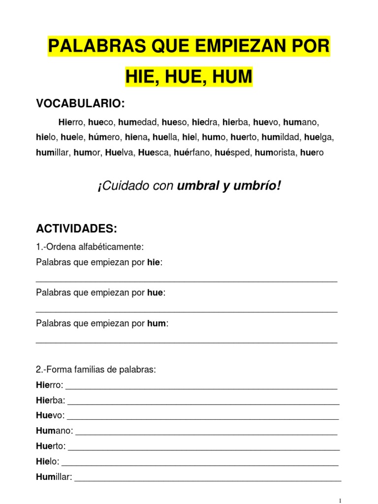 Palabras Que Empiezan Por Hie-, Hue- y Hum-