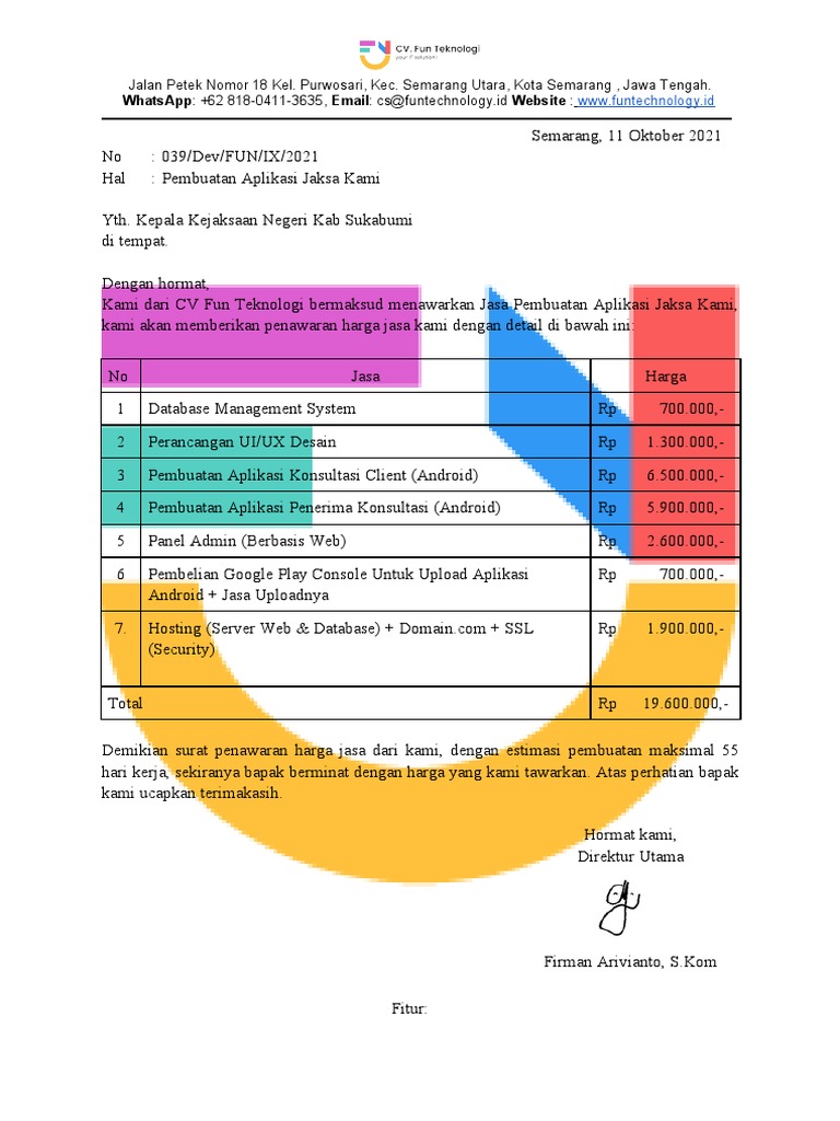 Contoh Surat Penawaran Pembuatan Aplikasi | PDF
