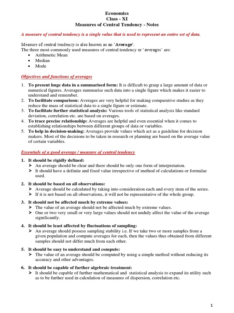 11 Economics - Measures of Central Tendency - Notes | PDF | Mean | Mode ...