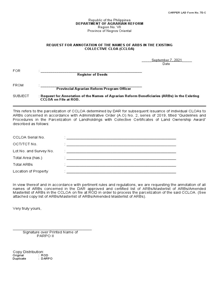 Department of Agrarian Reform: CARPER LAD Form No. 70-C | PDF ...