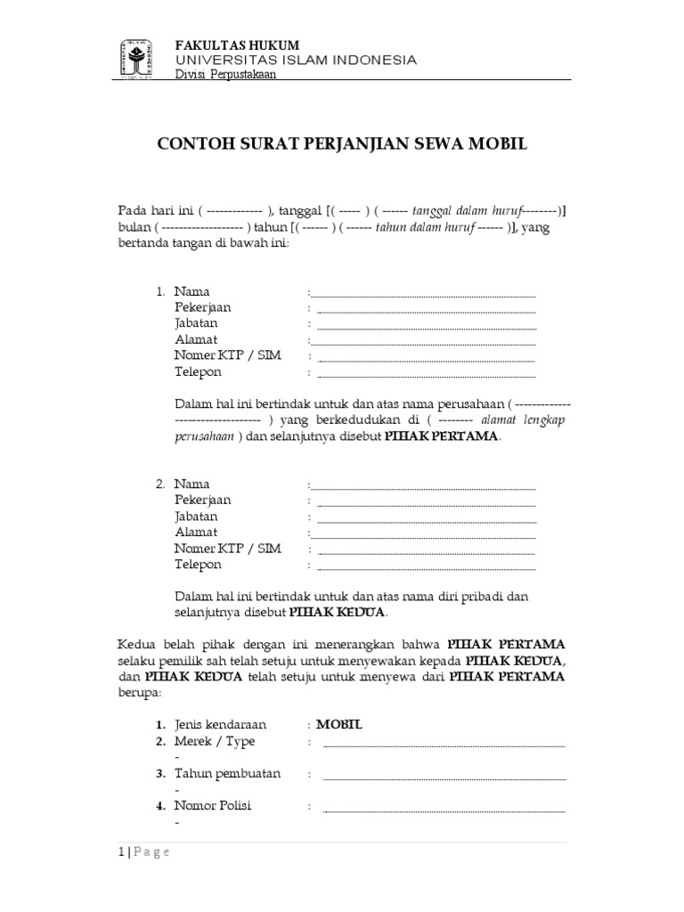 Contoh Surat Perjanjian Sewa Mobil | PDF