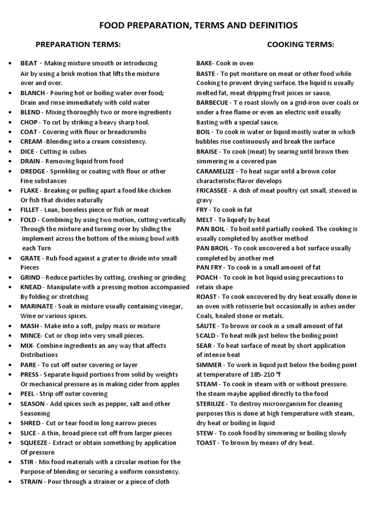 Food Preparation, Terms and Definitios | PDF | Cooking | Roasting