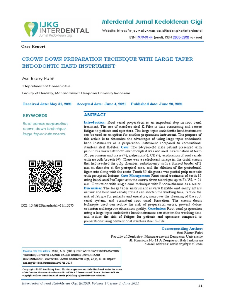 Crown Down Preparation Technique With Large Taper Endodontic Hand ...