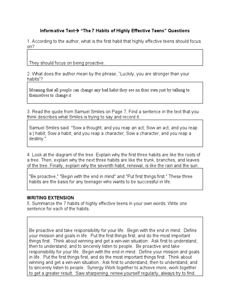 Informative Text "The 7 Habits of Highly Effective Teens" Questions | PDF