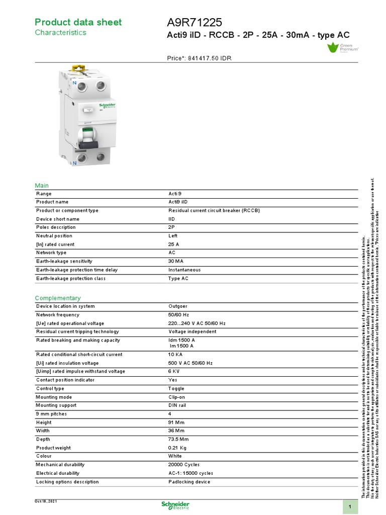 Product Data Sheet: Acti9 iID - RCCB - 2P - 25A - 30ma - Type AC | PDF ...