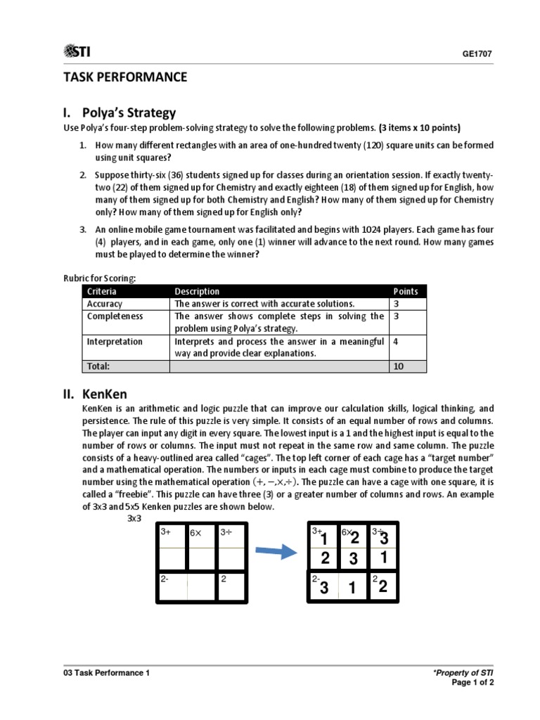 Task Performance I. Polya's Strategy: Criteria Description Points | PDF ...