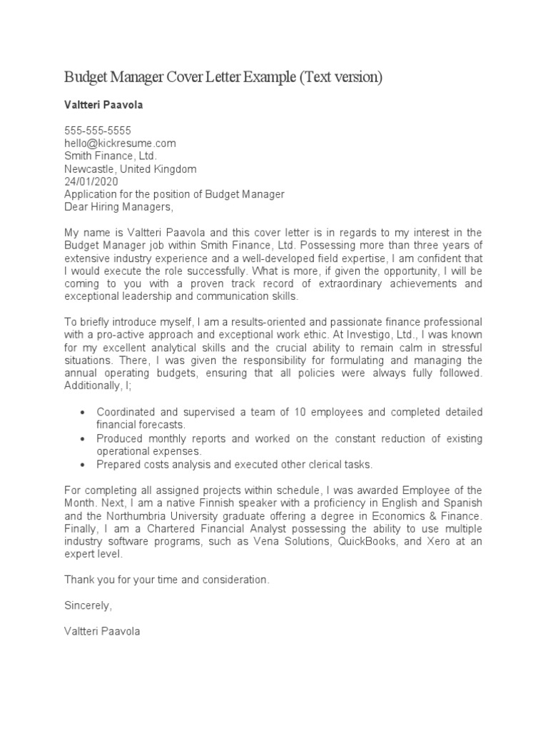 Budget Manager Cover Letter Example | PDF