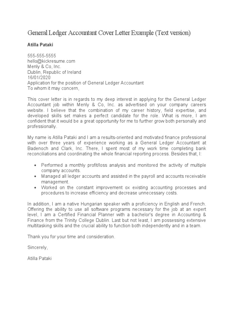 General Ledger Accountant Cover Letter Example | PDF