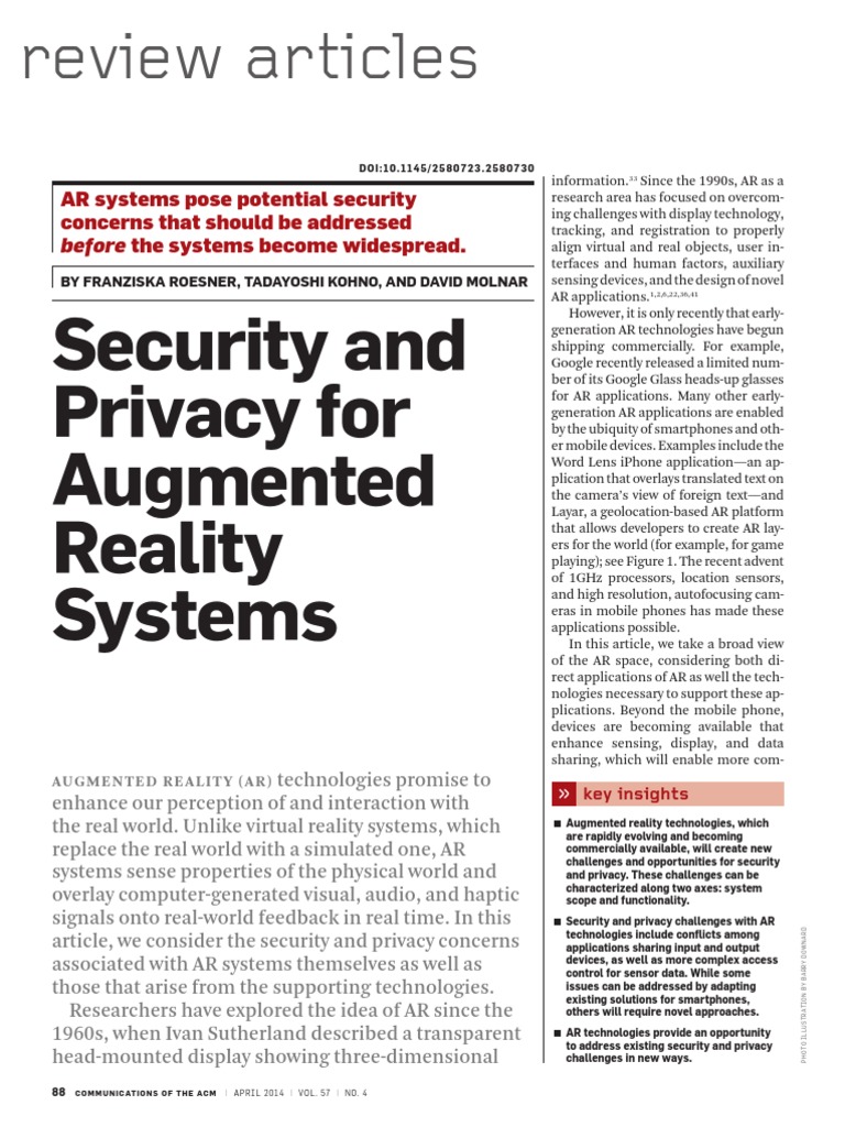 REVIEW ARTICLE Security and Privacy For Augmented Reality Systems | PDF ...