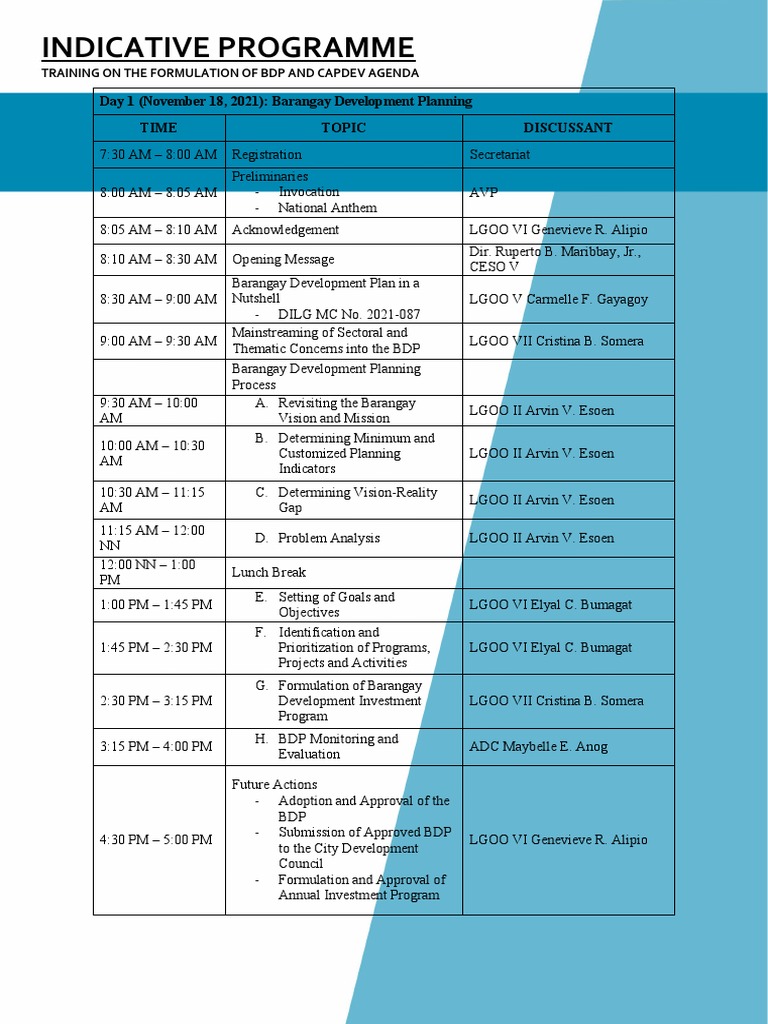 Indicative Programme: Day 1 (November 18, 2021) : Barangay Development ...