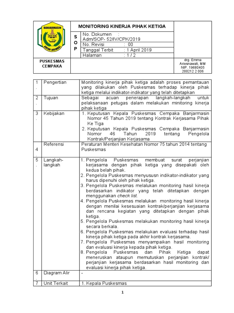 Sop Monitoring Kinerja Pihak Ketiga | PDF
