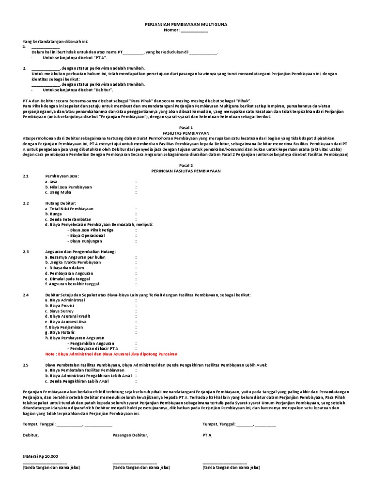 Perjanjian Pembiayaan Multiguna | PDF