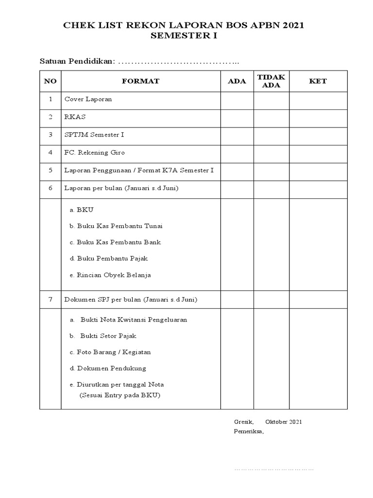 Checklist Rekon BOS APBN-APBD Smt. 1 2021 | PDF