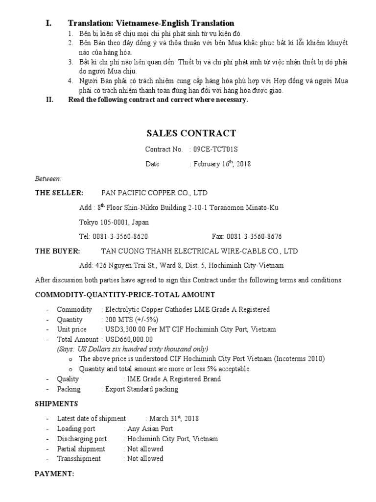 Sales Contract: I. Translation: Vietnamese-English Translation | PDF ...