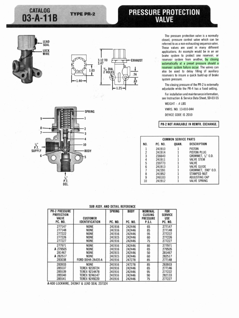 Bendix Bulletin # 03-A-11b & 03-A-12 Pressure Protection Valve Type Pr ...